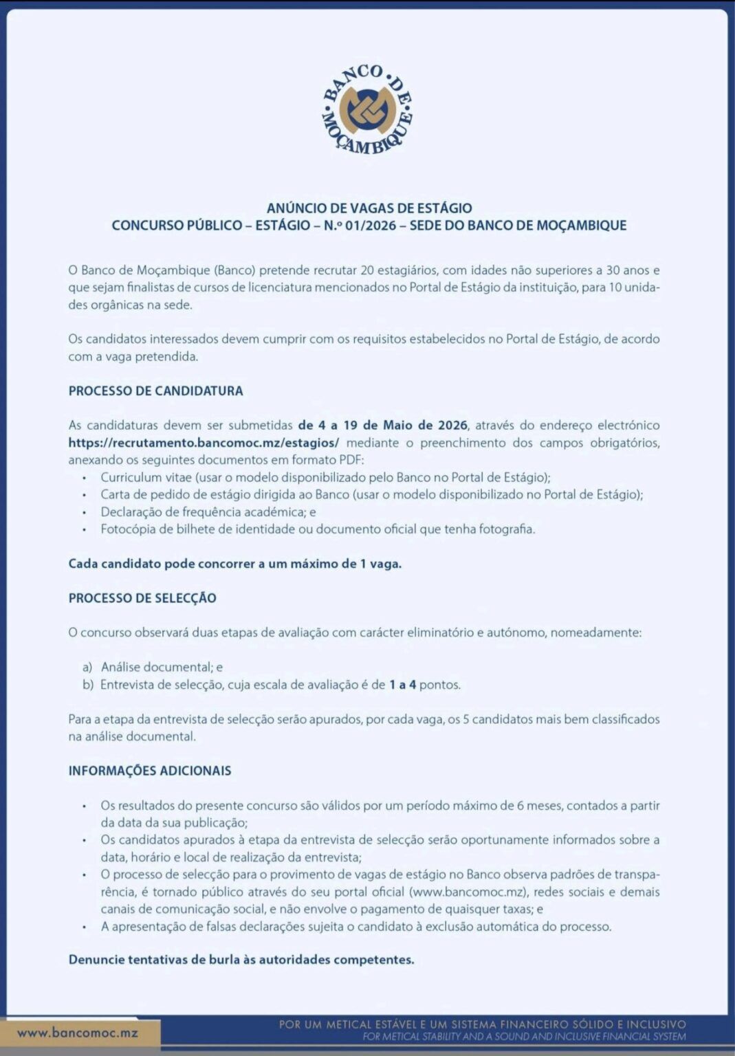 O Banco de Moçambique abre (20) Vagas de Estágio